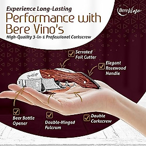 Bere Vino Stainless Steel Wine Opener - Professional Corkscrews for Wine Bottles w/Foil Cutter and Cap Remover - Manual Wine Key for Servers, Waiters, Bartenders and Home Use - Classic Rosewood