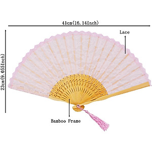 Womens Multi Color Handmade Cotton Lace Folding Hand Fan (Black-A) (Pink)