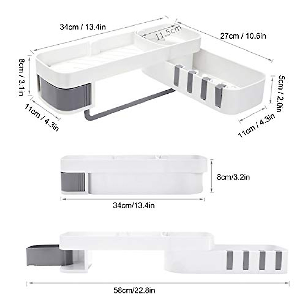 LANTRO JS Corner Shower Caddy Shower Organizer Shower Shelf Wall Mounted Bathroom Storage with Towel Hook(white grey)