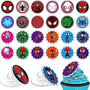 24Pcs Hero Cupcake Topper Birthday Party Favor, Spider Friends Cup Cake Decorations Supplies Finger Rings Gift for Anime Fans Kids, Goody Bag/Easter Egg Stuffers