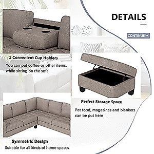Merax Sectional Corner Sofa Set, Modern L-Shaped Couch with Storage Ottoman and Cup Holders for Living Room, Linen Brown