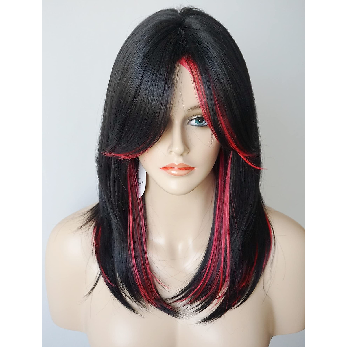 Medium Length Layered Wigs Black with Red Highlights wigs Layered wig with bangs Synthetic wig Highlight for white Women (Black with red)