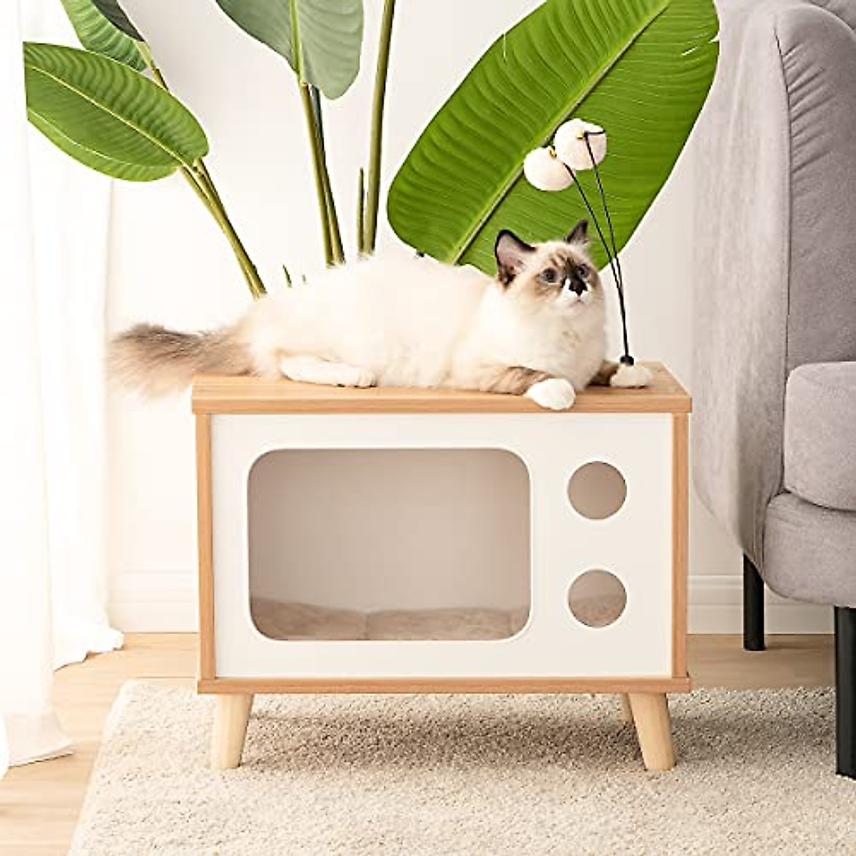 Cat House Wooden Cat Condo Cat Bed Indoor TV-Shaped Sturdy Large Luxury Cat Shelter Furniture with Cushion Cat Scratcher Bell Ball Toys