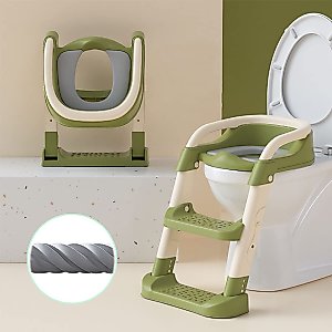 TOWRITE Foldable Toilet Training Potty Seat with Step Stool and Handles for Boys and Girls - Non-Slip Safe PU Cushion (Green)