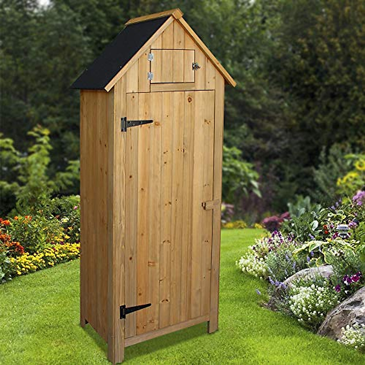 SSLine 70" Tall Outdoor Storage Shed Garden Backyard Tools Accessories Cabinet Organizer Patio Wooden Deck Box with Built-in Shelves and Lockable Door