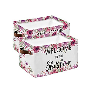 Large Capacity Storage Bins 2Pcs Welcome to the Shitshow Purple Watercolor Floral Storage Cubes, Collapsible Storage Baskets for Organizing for Bedroom Living Room Shelves Home 15x11x9.5 In