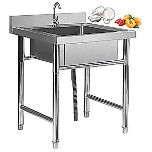 Catering Kitchen Sink, Single Bowl Brushed Stainless Steel Commercial Sink Free?Standing?Utility?Washbasin with Accessories Faucet Used to Restaurant Outdoor Workstation (60 * 60 * 80cm)