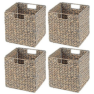 mDesign Natural Woven Hyacinth Cube Storage Bin Basket Organizer with Handles for Kitchen Pantry, Cabinet, Cupboard, Shelf/Cubby Organization, Hold Food, Drinks, Snacks, Appliances, 4 Pack, Gray Wash