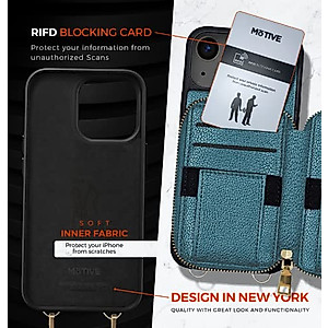MOTIVE for iPhone 14 Plus Wallet Case Designed in New York, Crossbody Phone Case for Apple iPhone, Zipper Purse Case Wallet with RFID Blocking Card Holder | 6.7" Color Blue Teal - Fancy Series