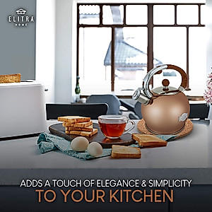 ELITRA HOME Stove Top Whistling Fancy Tea Kettle Stainless Steel Tea Pot with Ergonomic Handle 2.7 Quart / 2.6 Liter (ROSE GOLD)