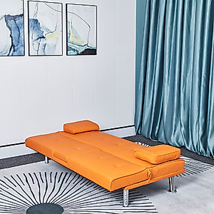 TMEOSK Faux Leather Upholstered Modern Convertible Folding Futon Sofa Bed with 2 Cup Holders, Adjustable Sofa Sleeper with Removable Armrests for Living Room Office Small Space, Orange