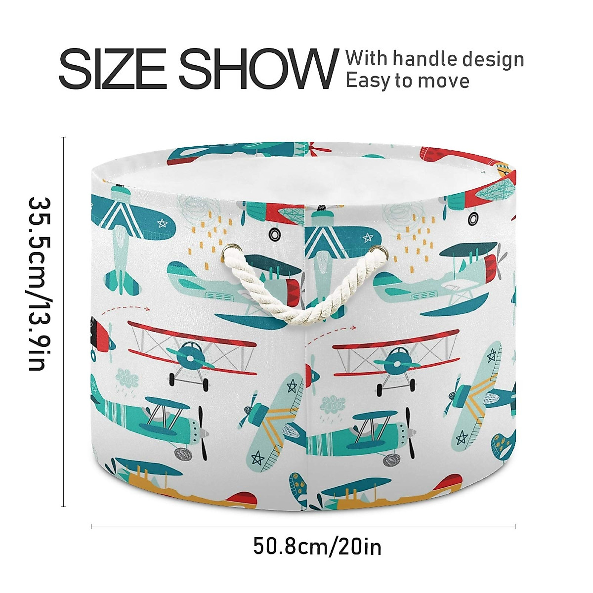 Airplanes Aircrafts Boys In Turquoise Red Orange Seamless Round Storage Basket Bin, Waterproof Laundry Hamper, Large Collapsible Bucket, Baby Nursery Organizer with Handles for Bathroom Toys Clothes