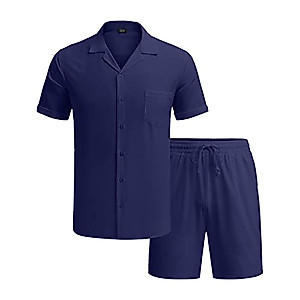 COOFANDY Men's 2 Pieces Shirt Set Short Sleeve Button Down Casual Hippie Holiday Beach T-Shirts Shorts Outfits (Navy Blue, Large)