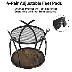 ASYA Industrial Round End Table with Storage Shelf, 2-Tier Side Table for Living Room, Adjustable Feet & lmitation Wood Grain Surface, Rustic Brown