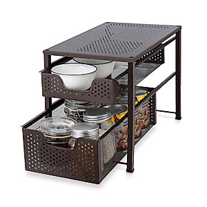 Bextsware Auledio Stackable Multi-Function Under Sink Organizer 2 Tier Sliding Basket Cabinet, Bronze