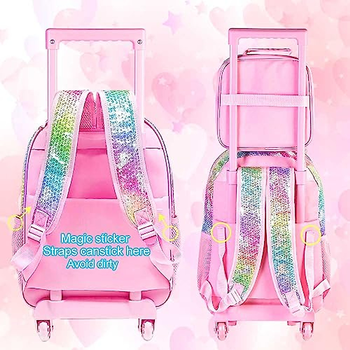 CCJPX 3PCS Kids Rolling Backpack for Girls, Unicorn Roller Wheeled Bookbag Toddler Elementary School Bag with Wheels Pink
