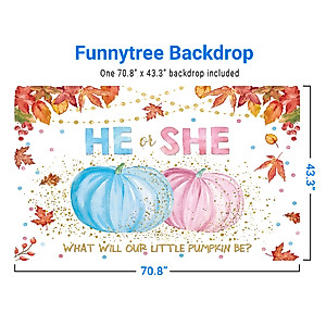 Funnytree Little Pumpkin Gender Reveal Backdrop He or She Fall Pink or Blue Boy or Girl Baby Shower Party Banner Autumn Maple Leaves Background Decor Supplies Photobooth Prop Favors Gift