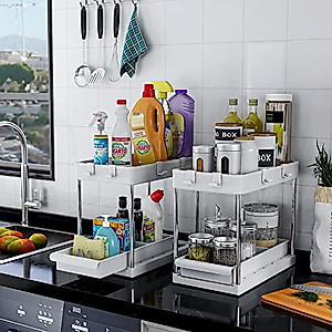 ECO-WILL 2 Pack Under Sink Organizers and Storage, Sliding Basket Organizer 2 Tier Bathroom Organizers with Hooks, Hollow-Carved, Divider, Multi-Purpose Cabinet Organizer for Kitchen, Bathroom, White