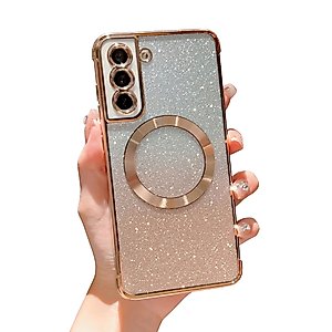 phylla for Samsung Galaxy S21 FE Magnetic Gradient Glitter Phone Case Compatible with Magsafe Luruxy Plated Cute Bling Clear Cover for Women Soft Silicone Shockproof Bumper for S21 FE 5G 6.4” (Gold)