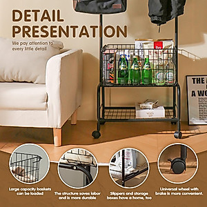 Rolling luandry basket with hanger for garments storage, easy moved with wheels have brake, Laundry basket, white and black，rolling basket (BLACK)