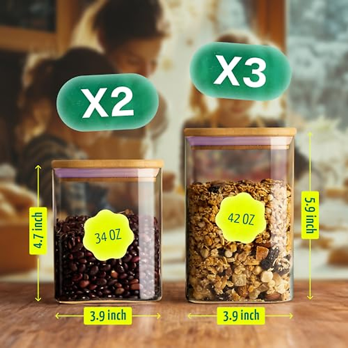 Set of 5 Glass pantry storage containers with lids, Borosilicate Square glass containers with bamboo lids, Cookie jar, Glass storage containers with lids for pantry, Pasta Rice Flour Sugar Tea Beans