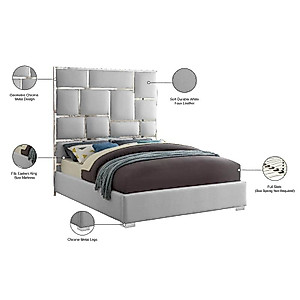 Meridian Furniture Milan Collection Modern | Contemporary Faux Leather Upholstered Bed with Custom Chrome Metal Legs and Geometric Designed Headboard, King, White
