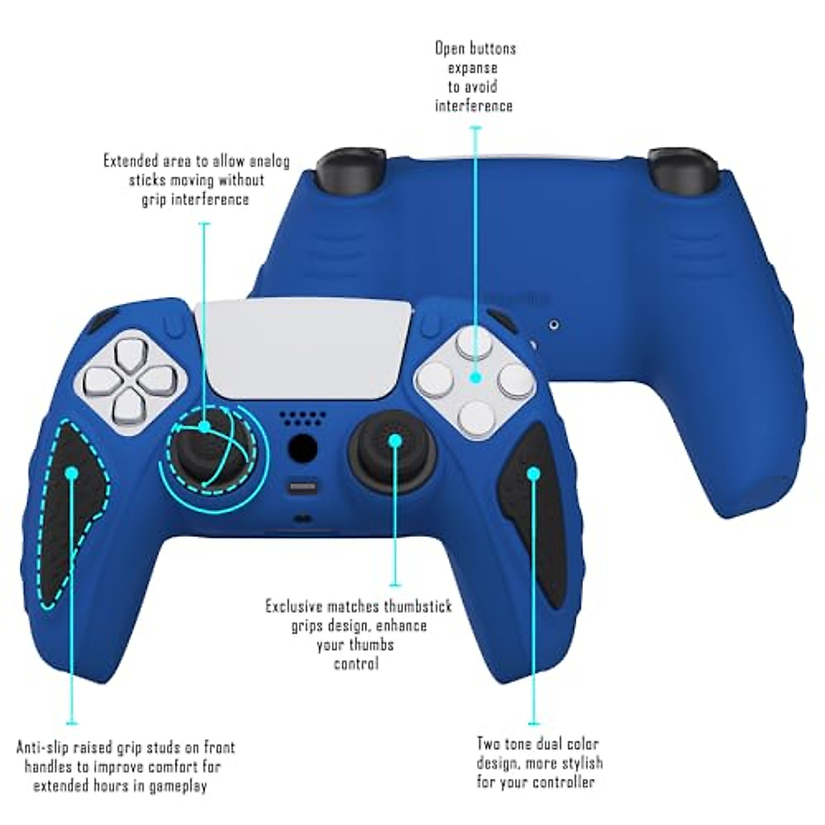 PlayVital Knight Edition Blue & Black Two Tone Anti-Slip Silicone Cover Skin for ps5 Controller, Soft Rubber Case for ps5 Wireless Controller with Thumb Grip Caps