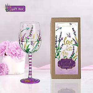 NymphFable Hand Painted Wine Glass Purple Lavendar & Dragonfly Birthday Gift for Women with Personalised Gift Box, 15oz