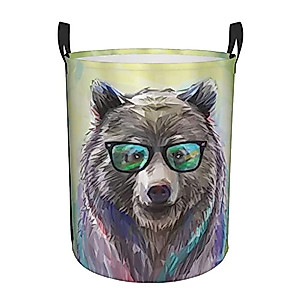 Laundry Basket,Funny Cool Low Wild Hipster Bear With Spectacles Colorful Portrait,Large Canvas Fabric Lightweight Storage Basket/Toy Organizer/Dirty Clothes Collapsible Waterproof For College Dorms-Large