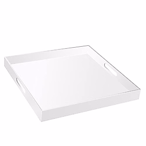 MIKINEE 20×20 Inches Glossy White Acrylic Sturdy Serving Tray Decorative Ottoman Coffee Table Trays Water Proof Bed Tray Counter Top Organizer