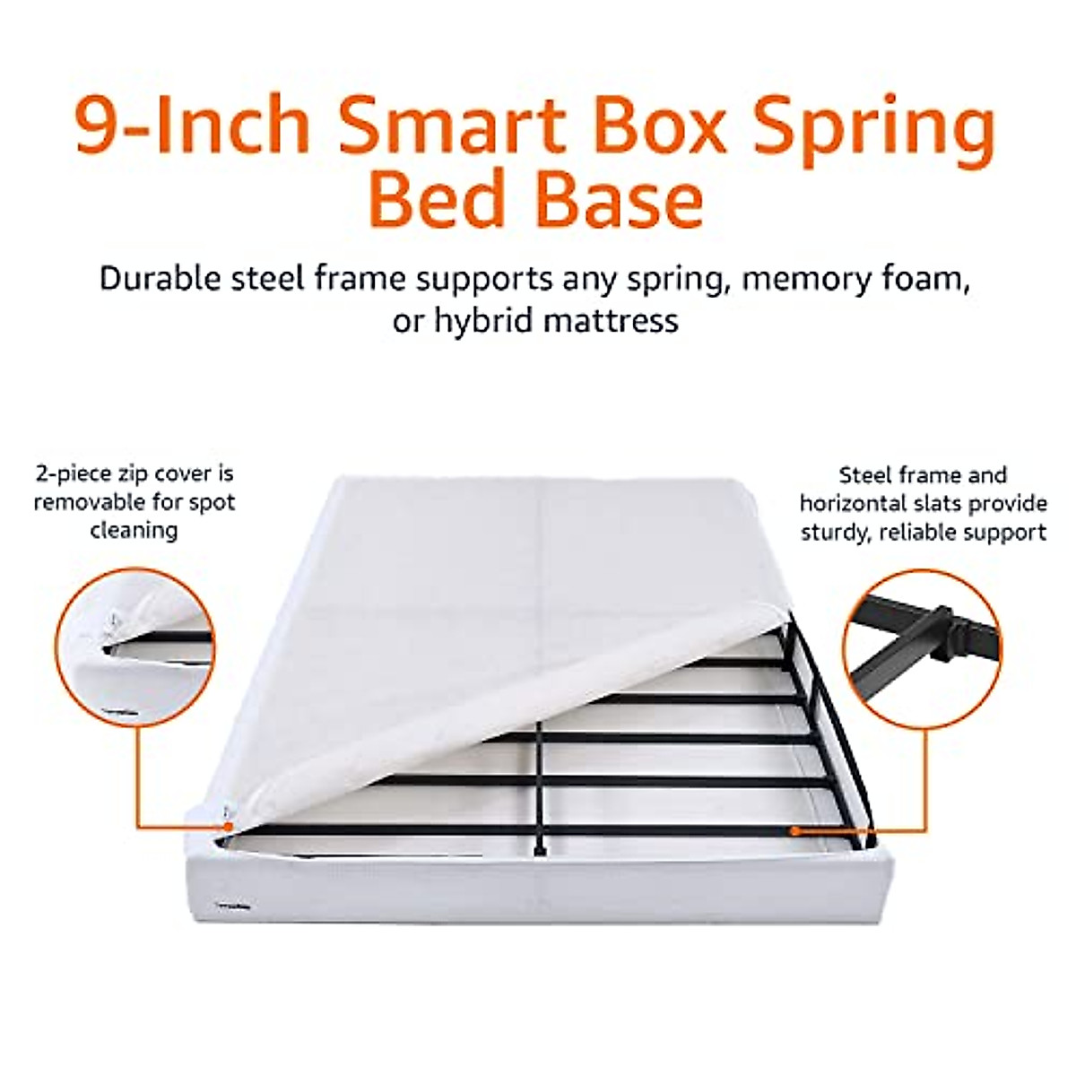 Amazon Basics Smart Box Spring Bed Base, 9-Inch Mattress Foundation - Queen Size, Tool-Free Easy Assembly