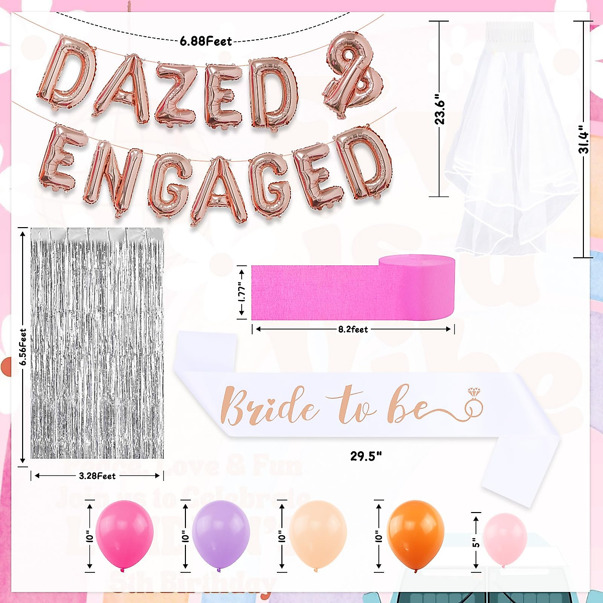 Dazed and Engaged Bachelorette Decorations, 70s Retro Groovy Bachelorette Party Decoration, Pink Orange Daisy Groovy Balloon Arch Bridal Shower Party Fringe Backdrop, Bride to Be Sash and Veil