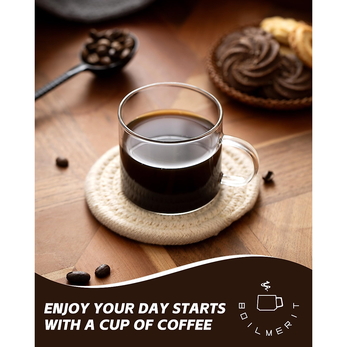 BOILMERIT Espresso Cups Set of 4, 5 oz Small Espresso Shot Glasses with Handle, Clear Espresso Coffee Mugs, Glass Demitasse Cups for Double Espresso or Tea, Coffee Machine, Espresso Accessories