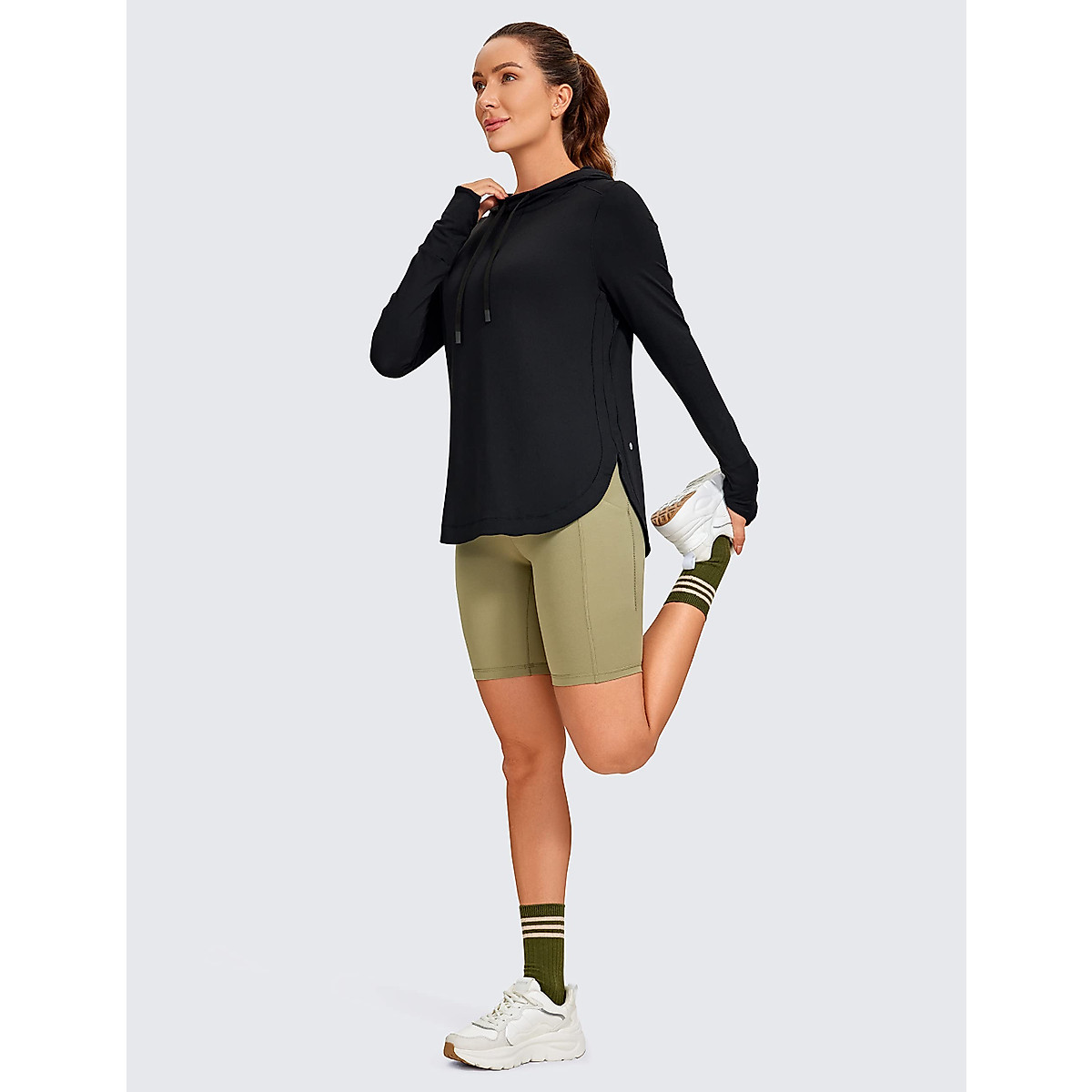 CRZ YOGA Workout Long Sleeve Shirt for Women Hoodie Pullover Athletic Hooded Long Sleeves Sports Gym Tops with Thumbhole Black Small