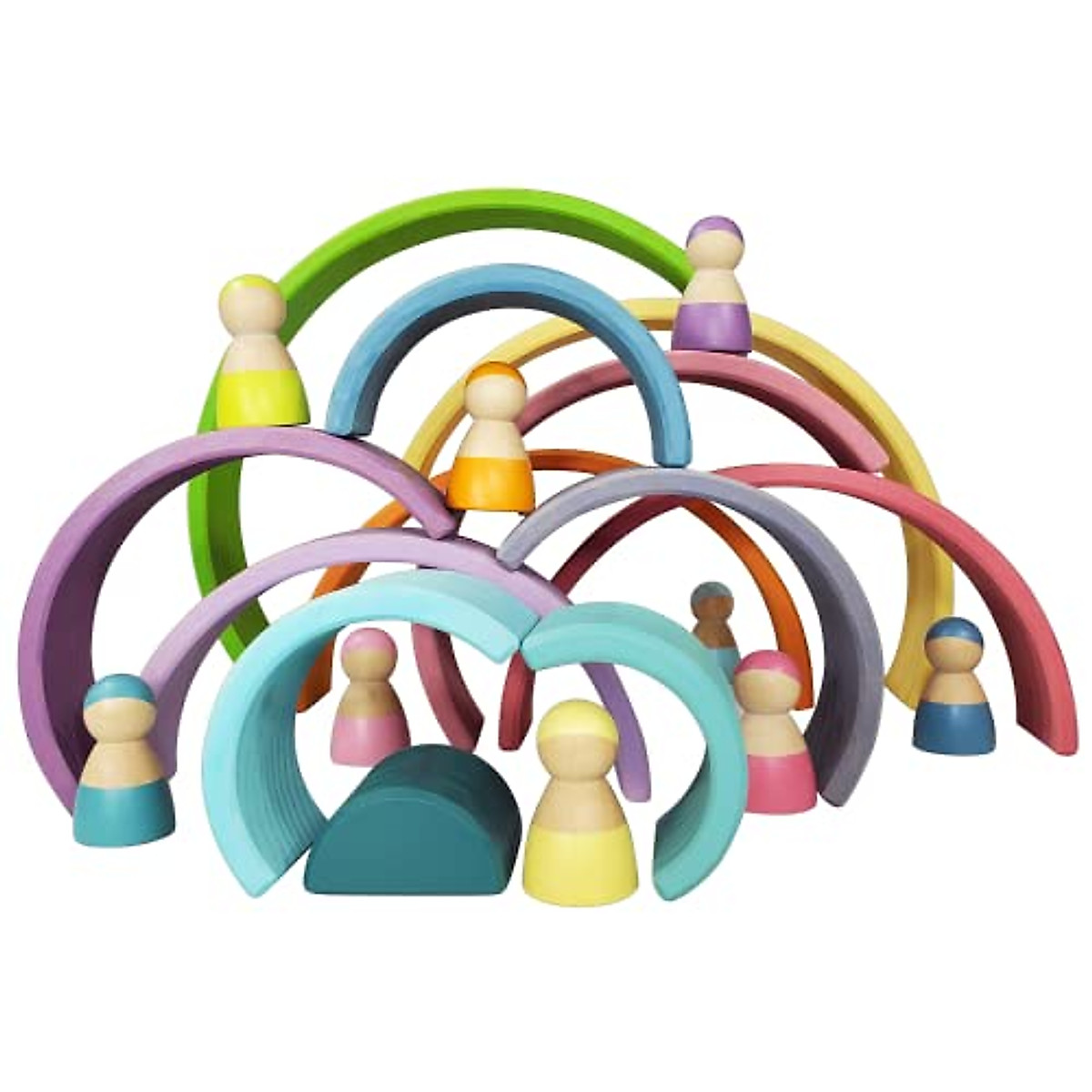 TEKOR 35 Pcs Wooden Rainbow Stacking Toy Set, Montessori Building Blocks for Toddler Girl Boy, Stacker Puzzle Educational Preschool Gifts for Kids, Semi-Circle, Stacking Blocks, Little Peg Dolls