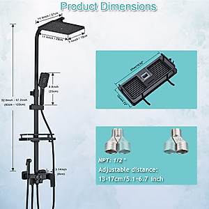 Gmusre Wall-Mounted Bathroom Shower System Matte Black Shower Faucet Fixture with Rainfall Shower Handheld Shower, Tub Spout Temperature Display Shower Faucet Set include Shower Shelf