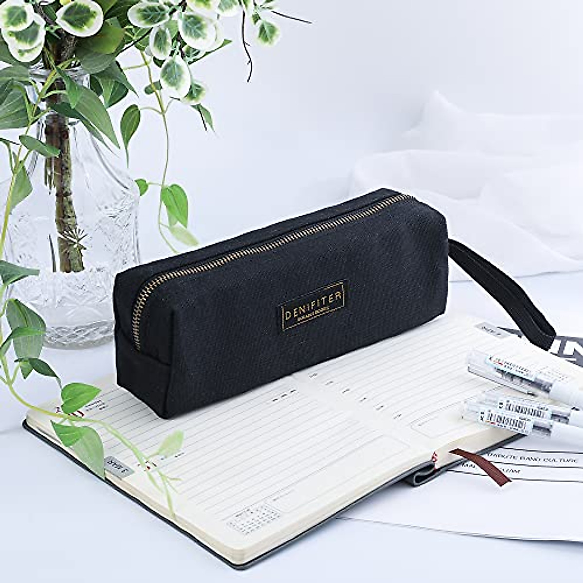 2 Pack Pen Pencil Case With Zipper, Heavy Duty Waxed Canvas Pencil Pouch Student Stationery Bag (Black)