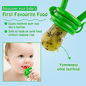Baby Food Feeder/Fruit Feeder Pacifier (2 Pack) - HAOBAOBEI Infant Teething Toy Teether in Appetite Stimulating Colors, Bonus Includes 3 Sizes Silicone Pouches