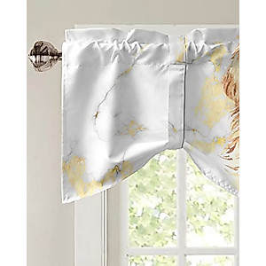 Tie Up Valance for Kitchen,Pet Dog White Marble Gold Inlay Adjustable Valances Rod Pocket Short Curtain,Watercolor Golden Retriever Abstract Art Back Tie Up Curtains Valance for Bedroom 60x18in