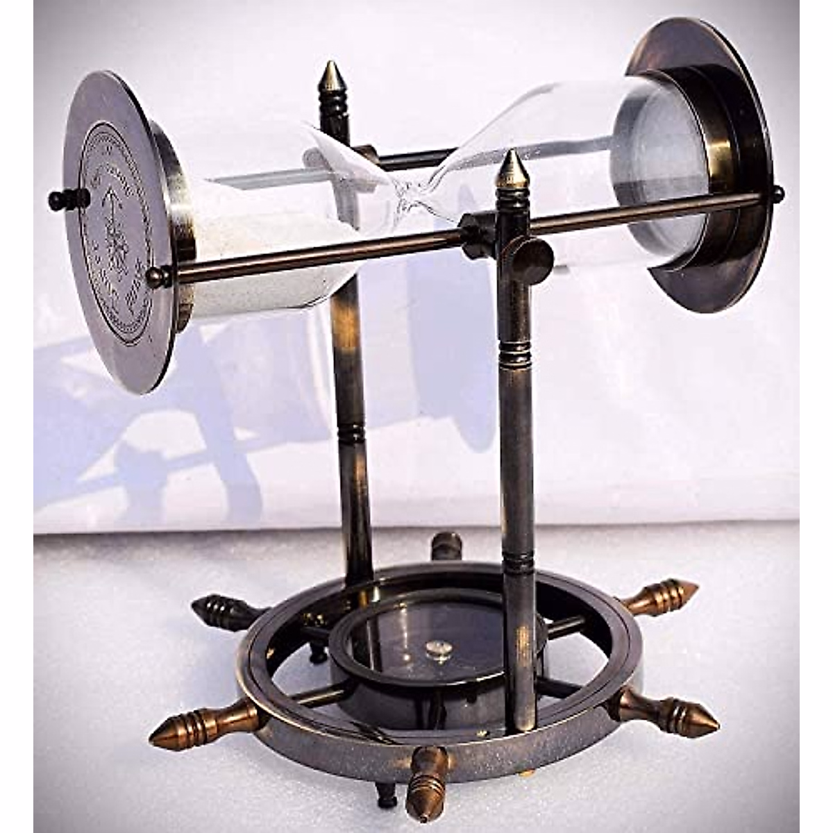 Nautical Maritime Black Antique Full Brass Sand Timer Hourglass with Wheel Compass Base Brass Antique Sand Timer Hourglass with Wheel Compass Base & Hanging Decor Item