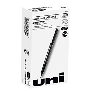 uni-ball 60025 Deluxe Stick Roller Ball Pen, Micro 0.5Mm, Black Ink, Metallic Gray Barrel, Dozen