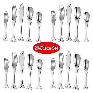 UPware 20-Piece Fish Shaped Flatware Set, 18/8 Stainless Steel Silverware Cutlery Set, Service for 4, Mirror Polished, Dishwasher Safe (Fish)