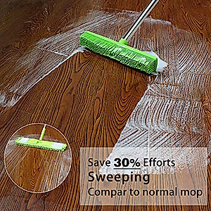 Long Handled Carpet Rubber Broom Soft Bristles and Squeegee Edge Sweeper Push Broom Indoor, Green