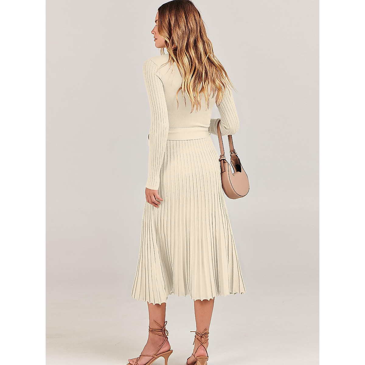 ANRABESS Women's 2024 Long Sleeve Sweater Dress Wrap V Neck Pleated Ribbed Knit A Line Belted Tie Waist Midi Dress Beige Medium