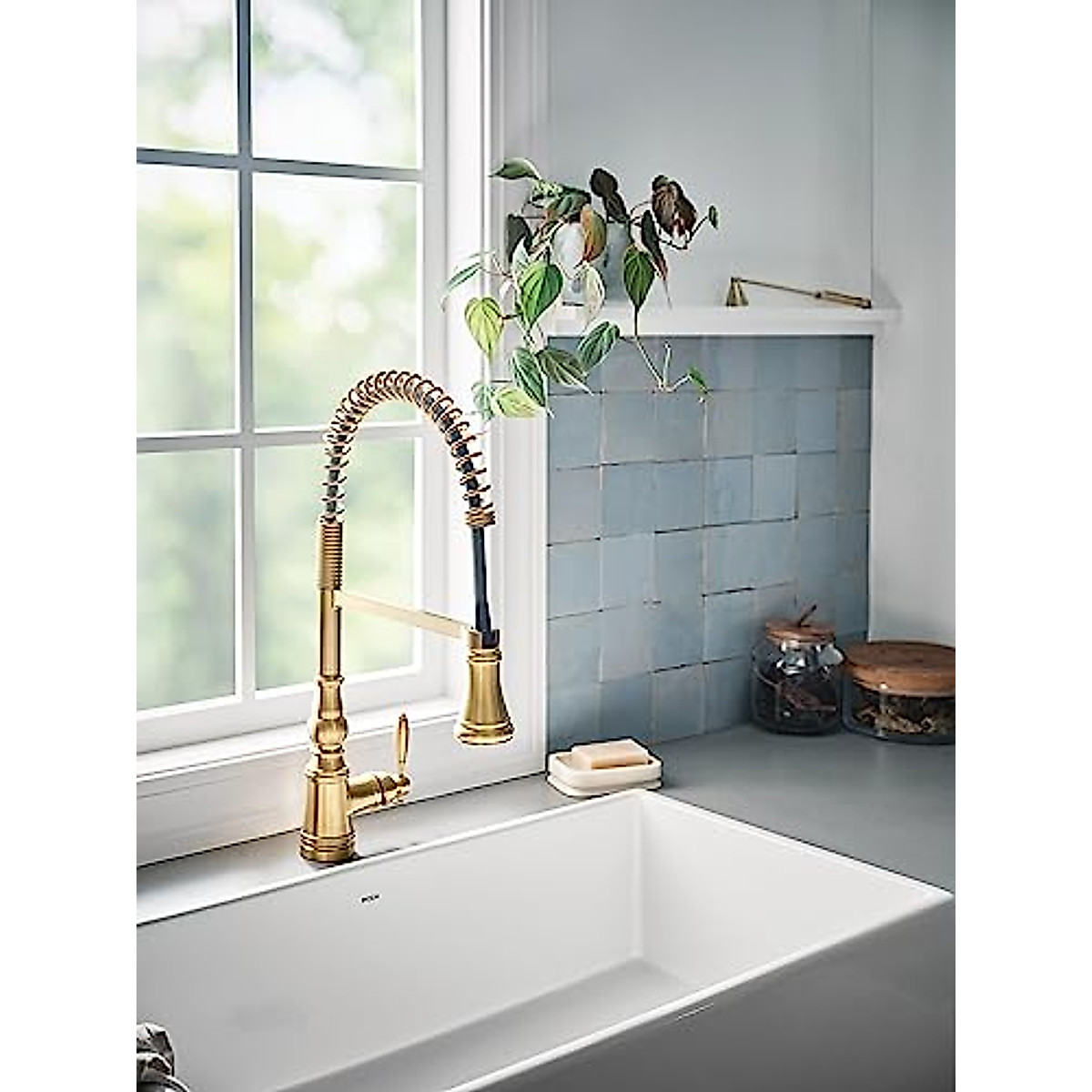 Moen WeymouthBrushed Gold One Handle Pre-Rinse Spring Farmhouse Pulldown Kitchen Faucet with Power Boost for a Faster Clean, S73104BG