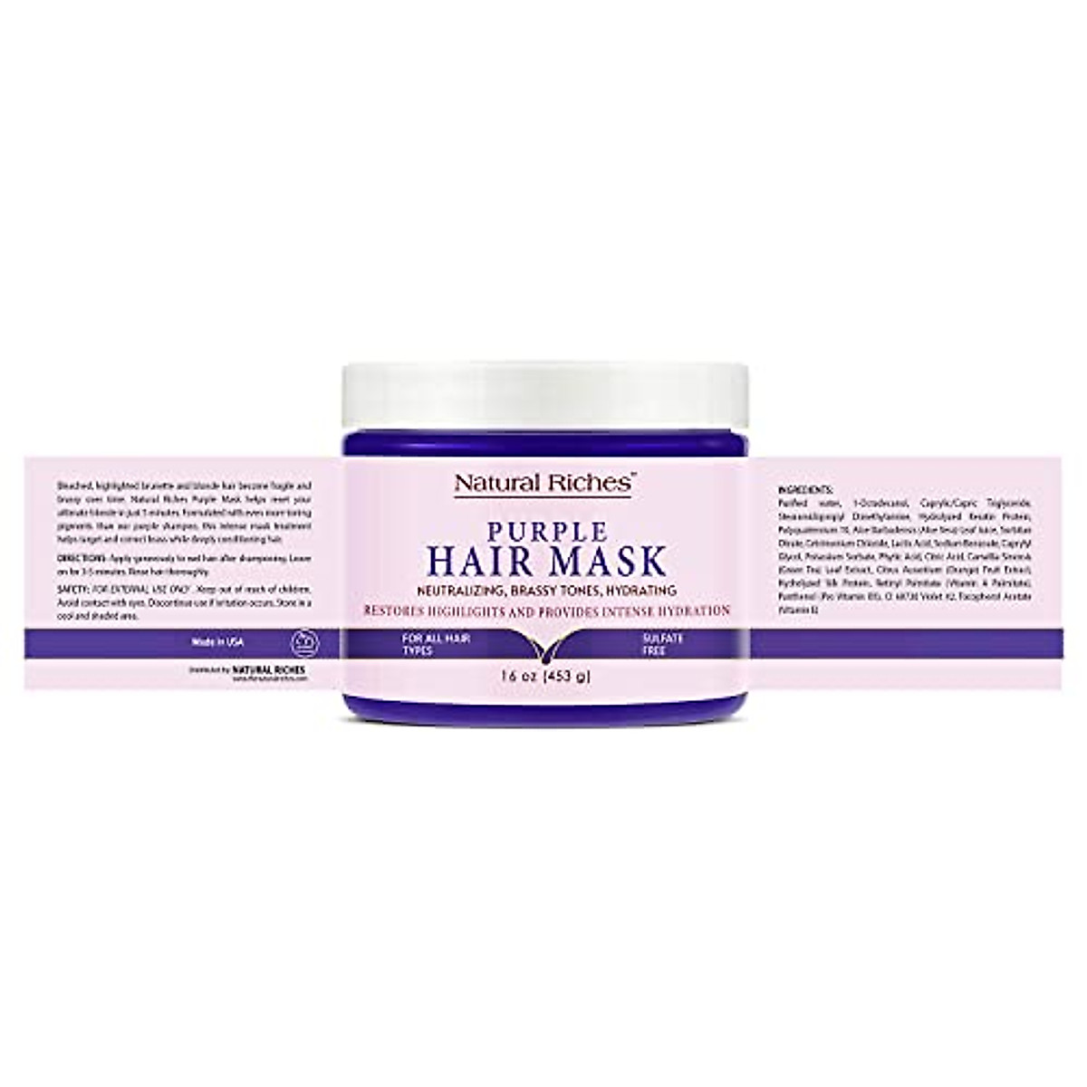 Natural Riches Purple Hair Mask and Blonde Toner for Bleached, Brassy, Platinum, Silver, Gray, or Ash Hair - Removes Yellow Tones - 16 Oz