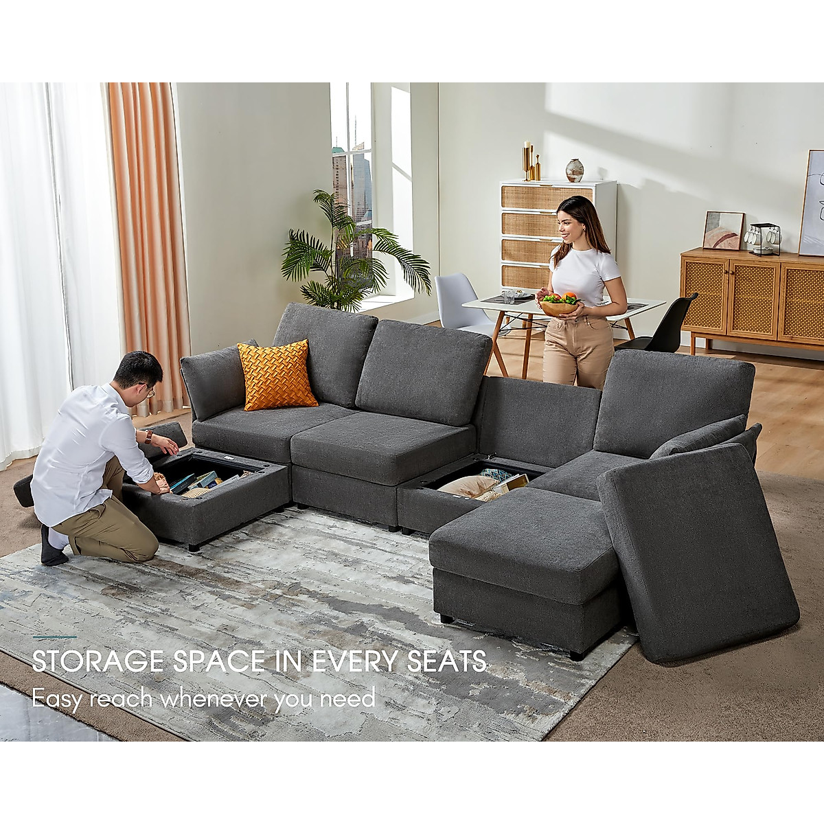 VanAcc 131 Inches Modular Sectional Sofa, Oversized Sectional Sofa with Storage, Ottomans, 6 Seats U Shaped Sofa- Chenille Gray