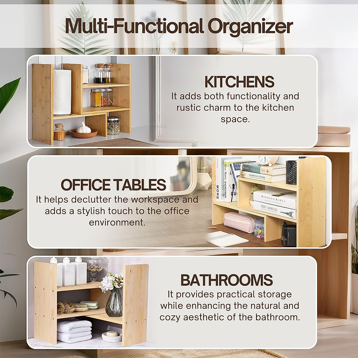 Flexzion Natural Wooden Desktop Shelf Wood Caddy Desk Organizer Set Office Storage Adjustable Expandable Tabletop Accessory Sorter Bookcase Display Stand Rack (Beige)