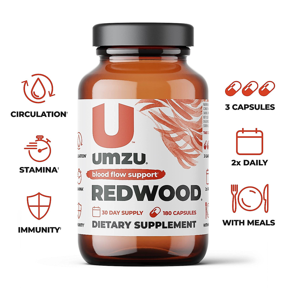 UMZU Redwood - Supports Nitric Oxide & Healthy Blood Flow - Blend of Vitamins & Herbal Extracts - Supplement with Vitamin C, Garlic & Horse Chestnut - for Well-Being - 30 Day Supply - 180 Capsules