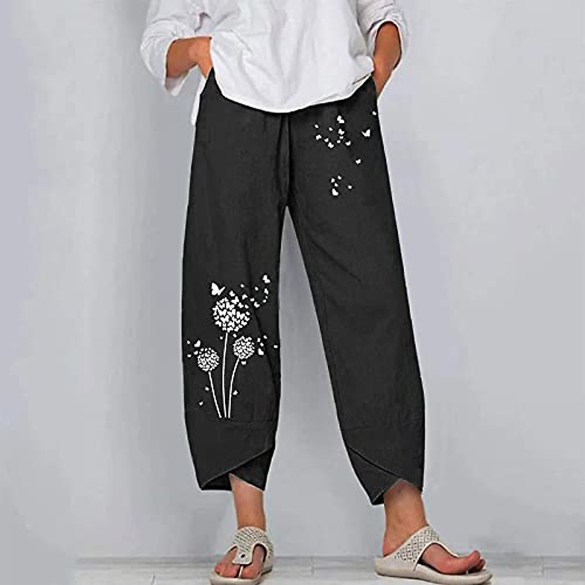 Mackneog Casual Capri Pants Wide Leg Wide Leg Loose Fitting Capri for Women Casual Summer Casual Linen Capris Cropped Cotton Black